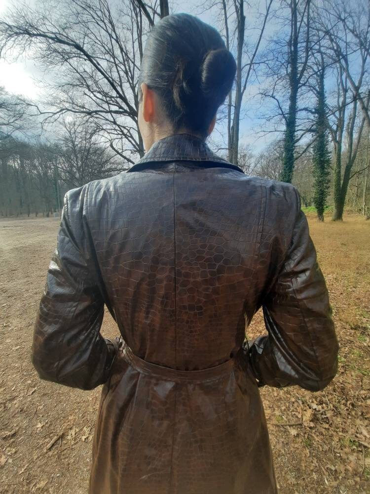 Vintage Crocodile Style Vinyl Coat, Vintage Dark Brown Pleather Trench ...
