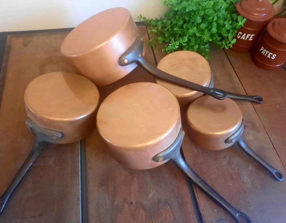 Set of 5 Copper Saucepans, Ancient Copper Casseroles, Vintage Copper ...