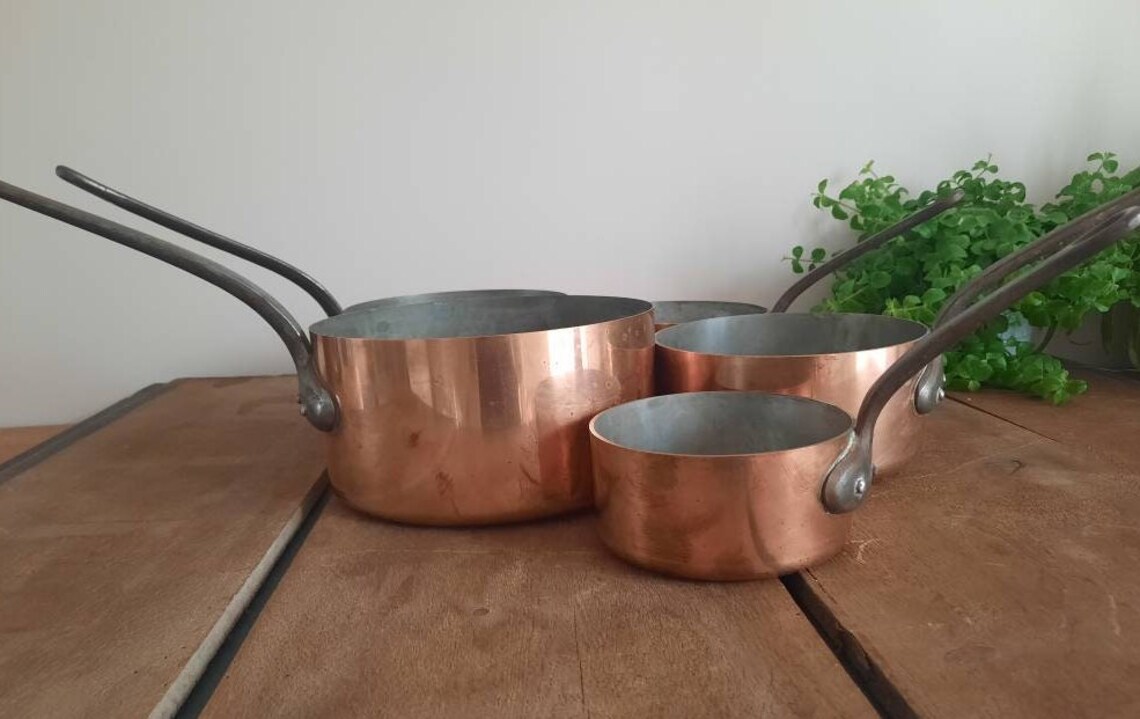 Set of 5 Copper Saucepans, Ancient Copper Casseroles, Vintage Copper ...