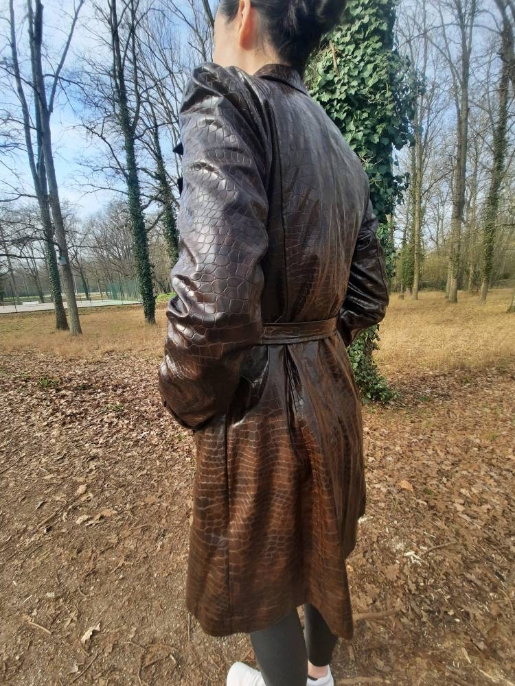 Vintage Crocodile Style Vinyl Coat, Vintage Dark Brown Pleather Trench ...