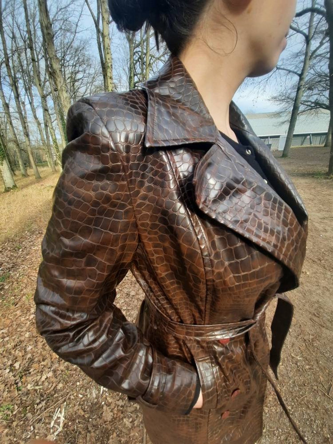 Vintage Crocodile Style Vinyl Coat, Vintage Dark Brown Pleather Trench ...