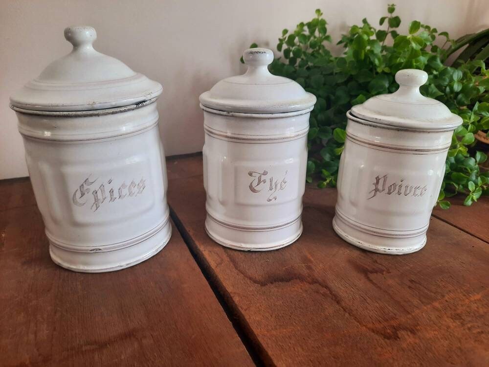 Small Vintage Enamel Canisters With Lids, White Enamel Kitchen Pots ...