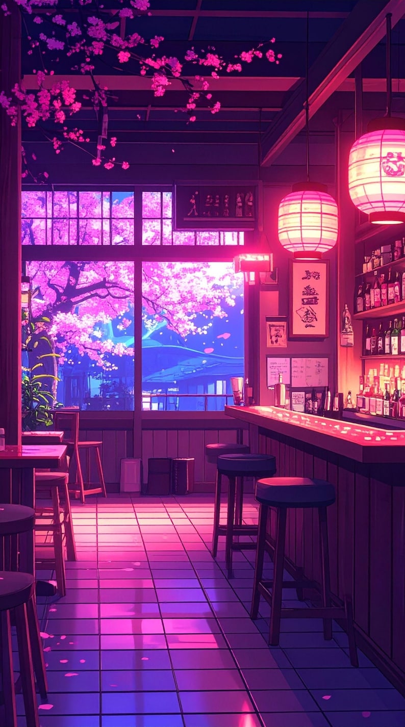 Cozy Anime Bar Wallpaper – Cherry Blossom View, Soft Neon Aesthetic ...