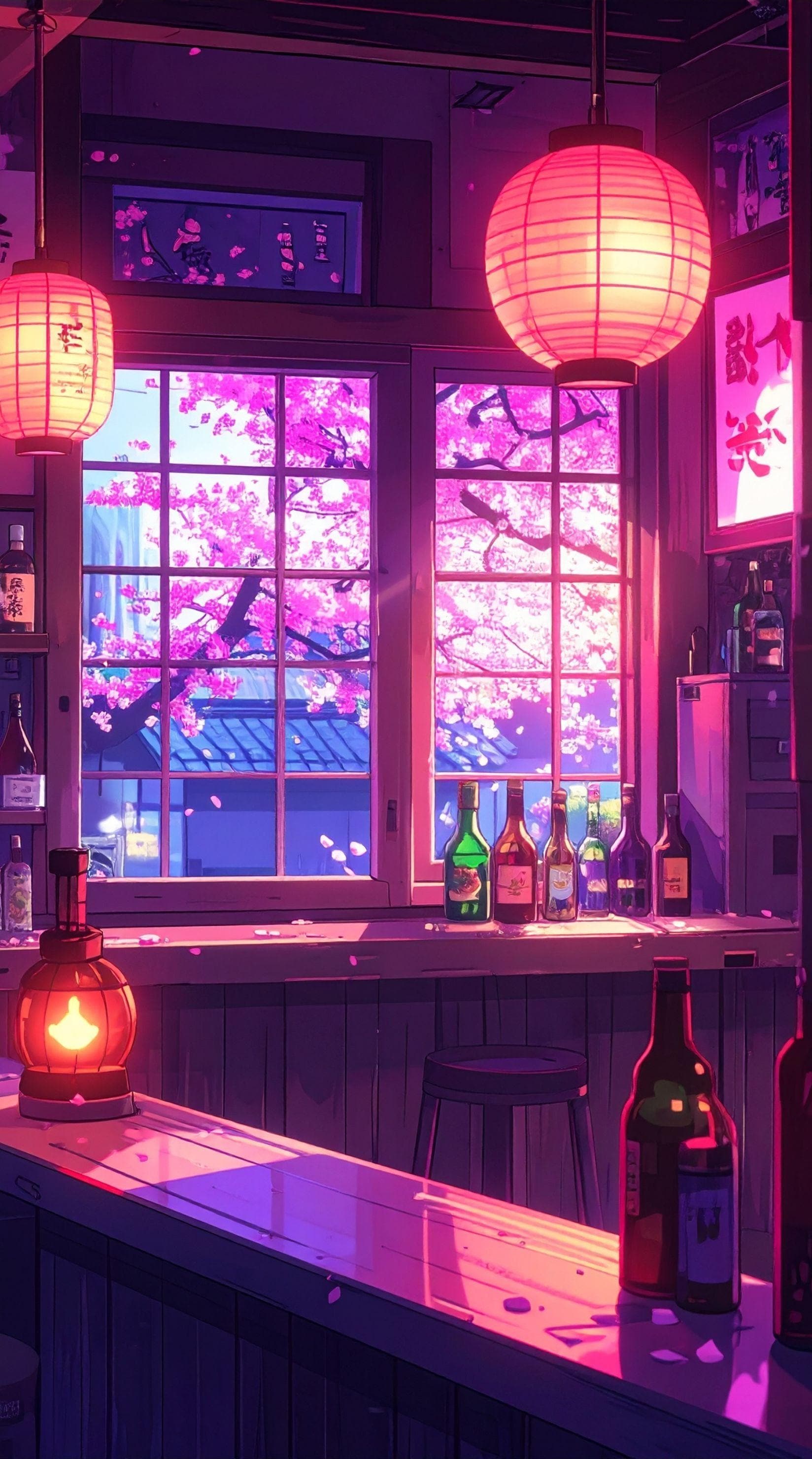 Cozy Anime Bar Wallpaper – Cherry Blossom View, Soft Neon Aesthetic ...