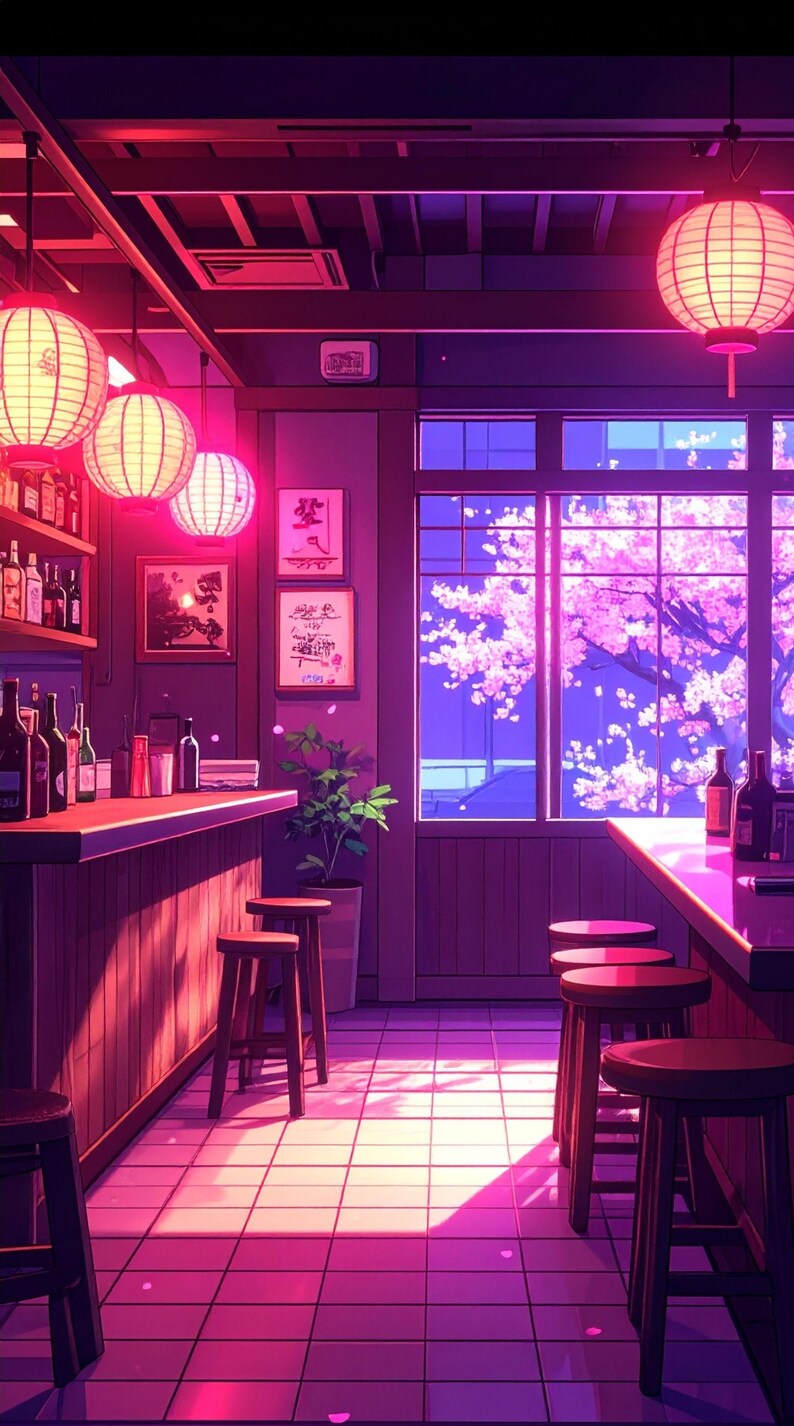 Cozy Anime Bar Wallpaper – Cherry Blossom View, Soft Neon Aesthetic ...