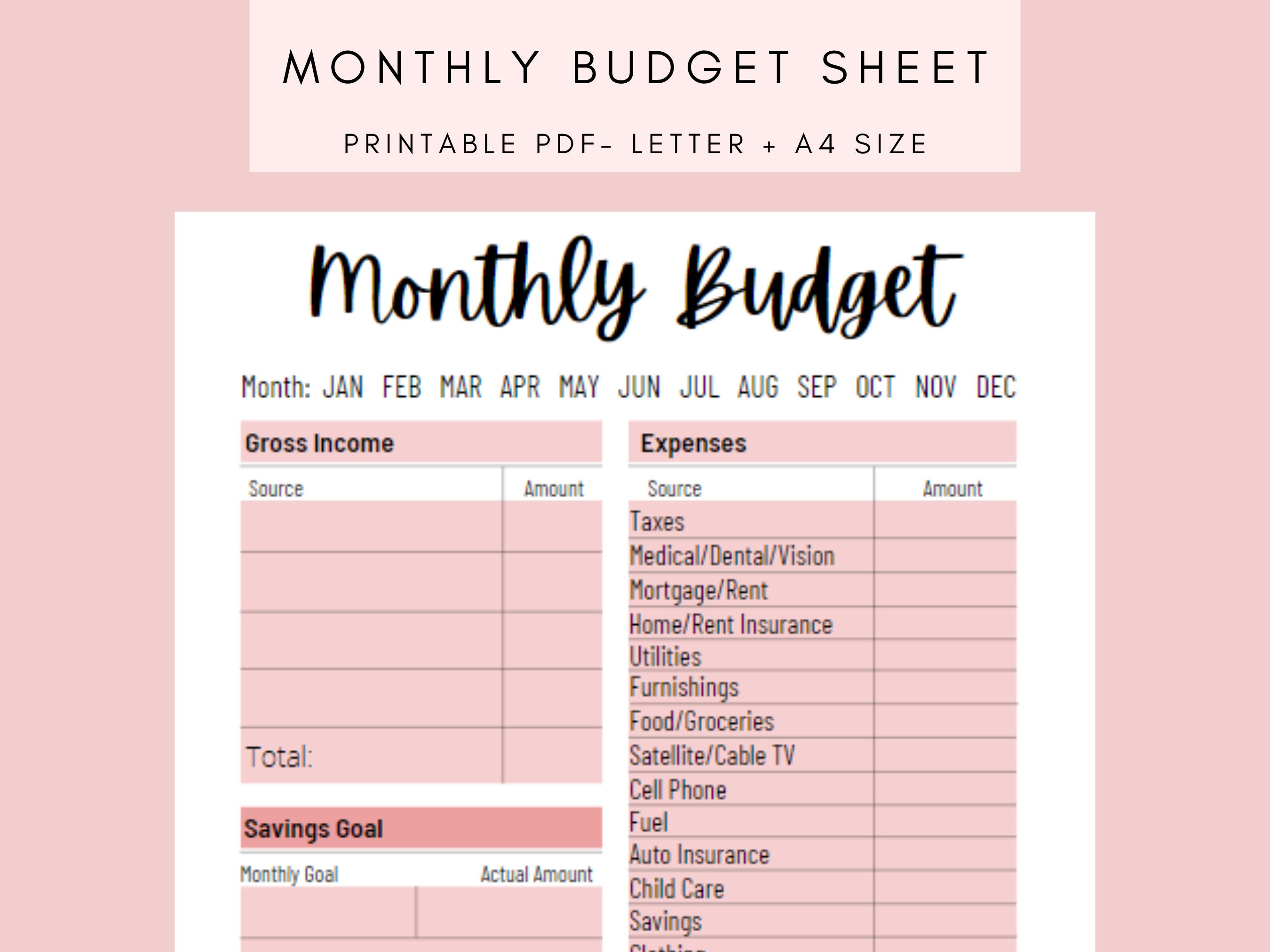 Monthly Budget Printable - PDF - A4 - Letter - Etsy