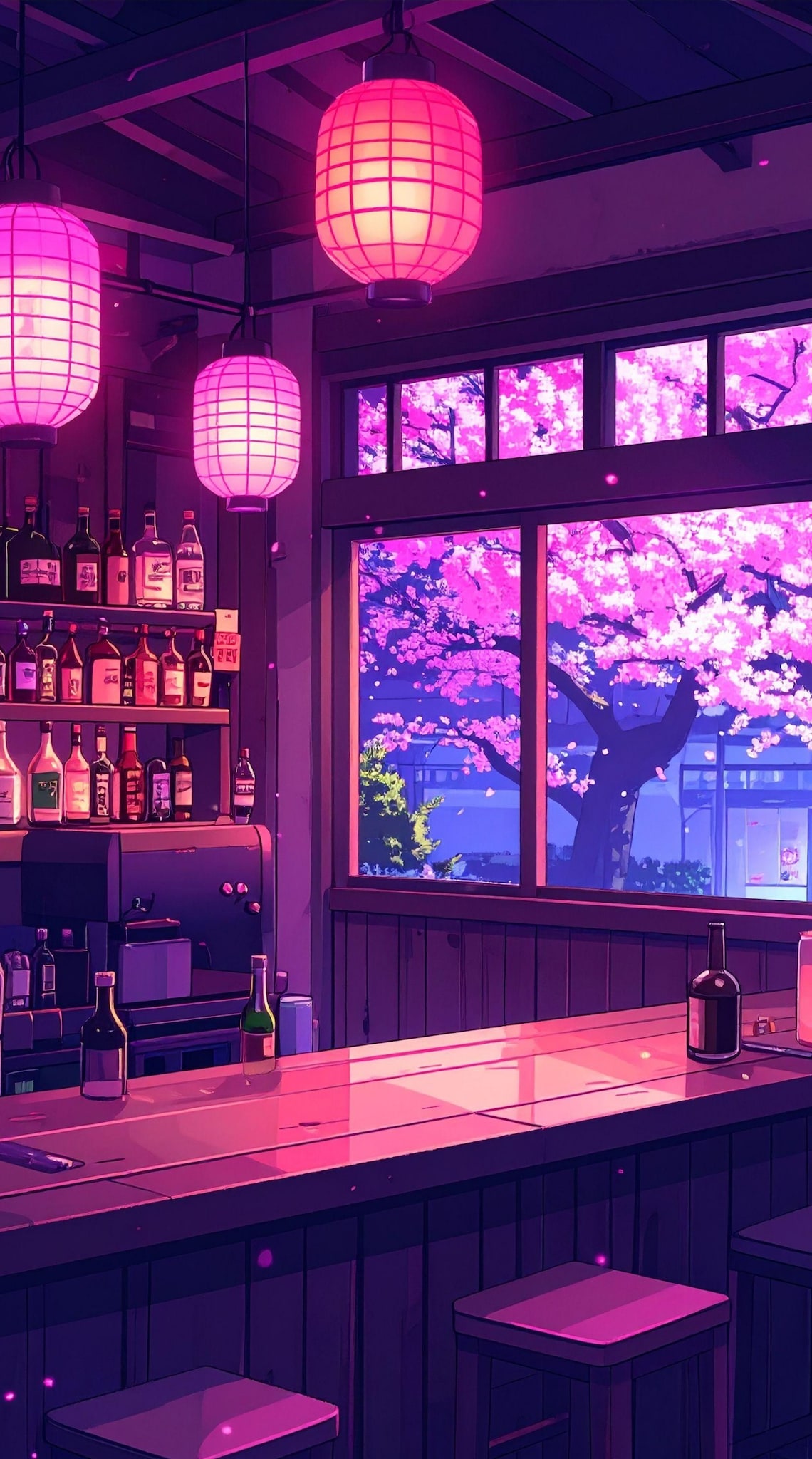 Cozy Anime Bar Wallpaper – Cherry Blossom View, Soft Neon Aesthetic ...