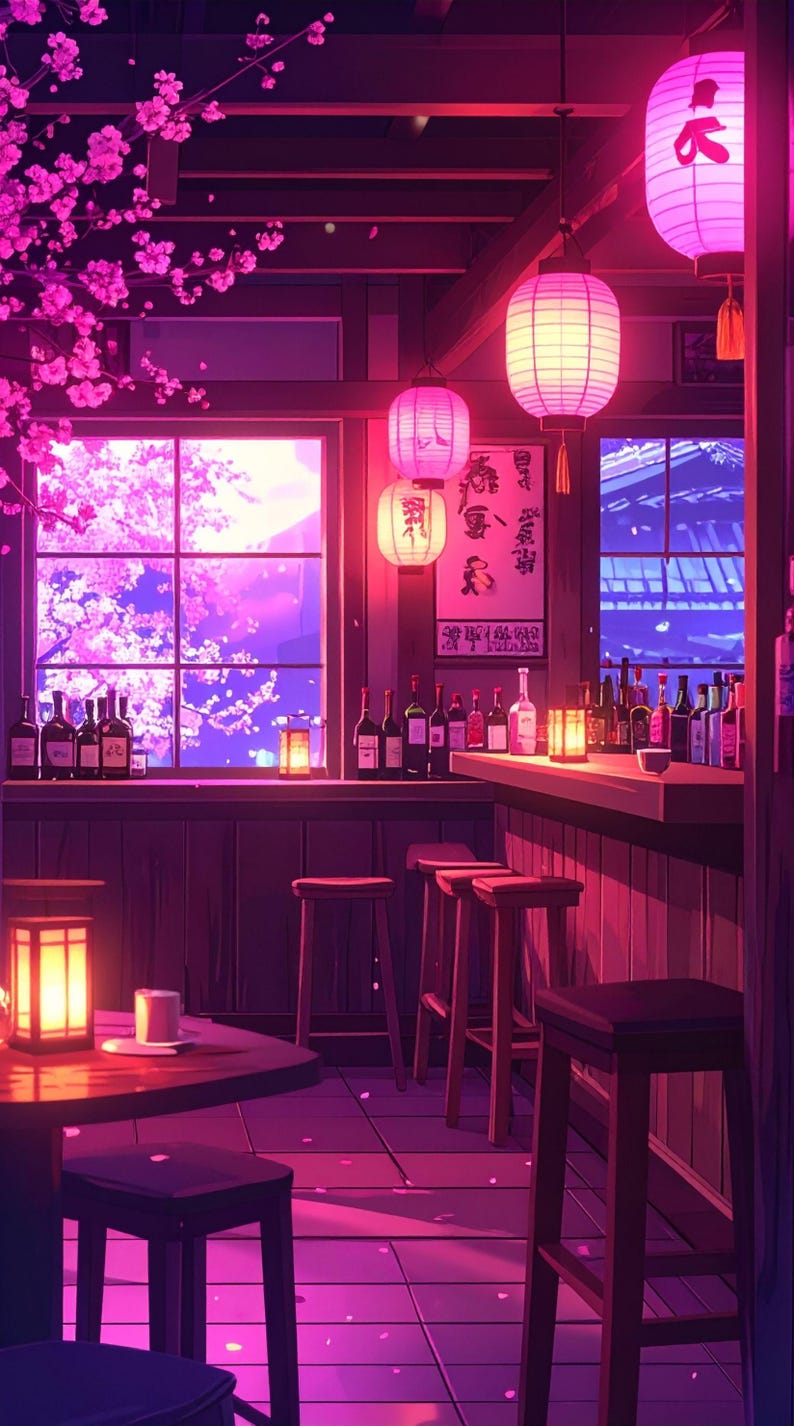 Cozy Anime Bar Wallpaper – Cherry Blossom View, Soft Neon Aesthetic ...