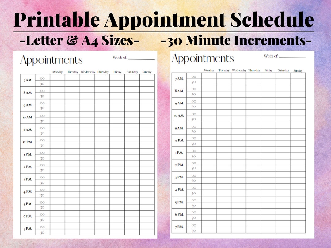 Printable Appointment Book, 30 Minute Increments, Weekly Schedule, Day ...