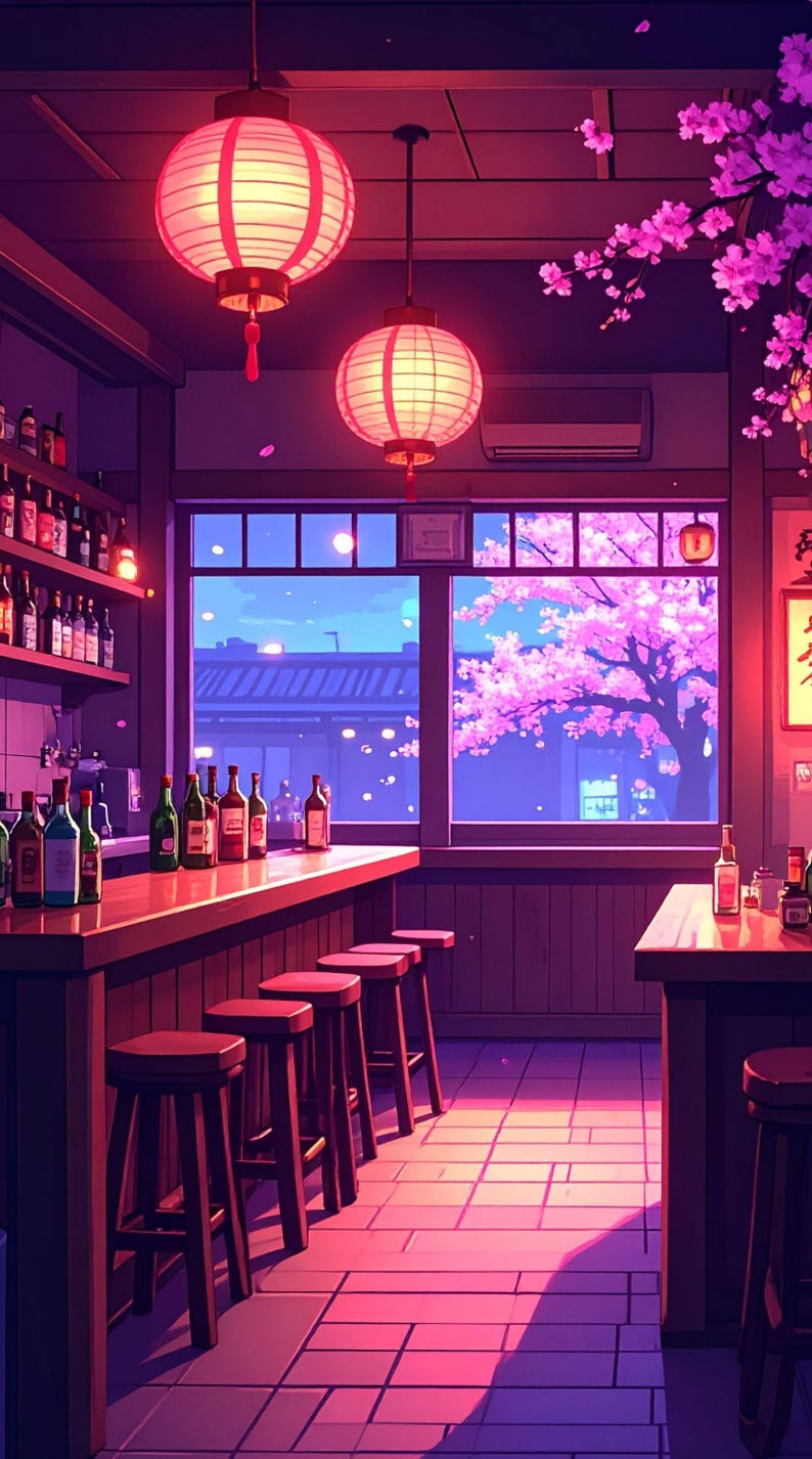 Cozy Anime Bar Wallpaper – Cherry Blossom View, Soft Neon Aesthetic ...