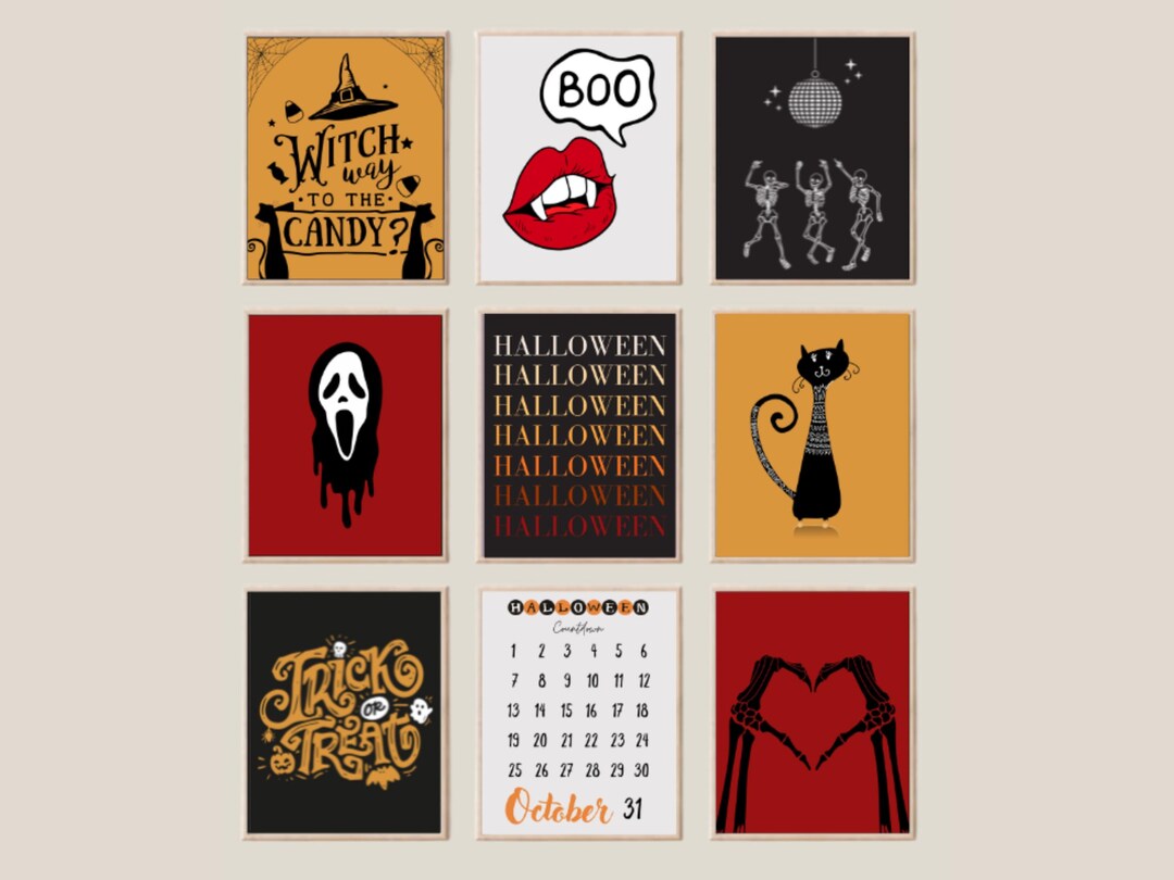 Halloween Wall Art Bundle, Digital Art Download, 9 Printables, Spooky ...