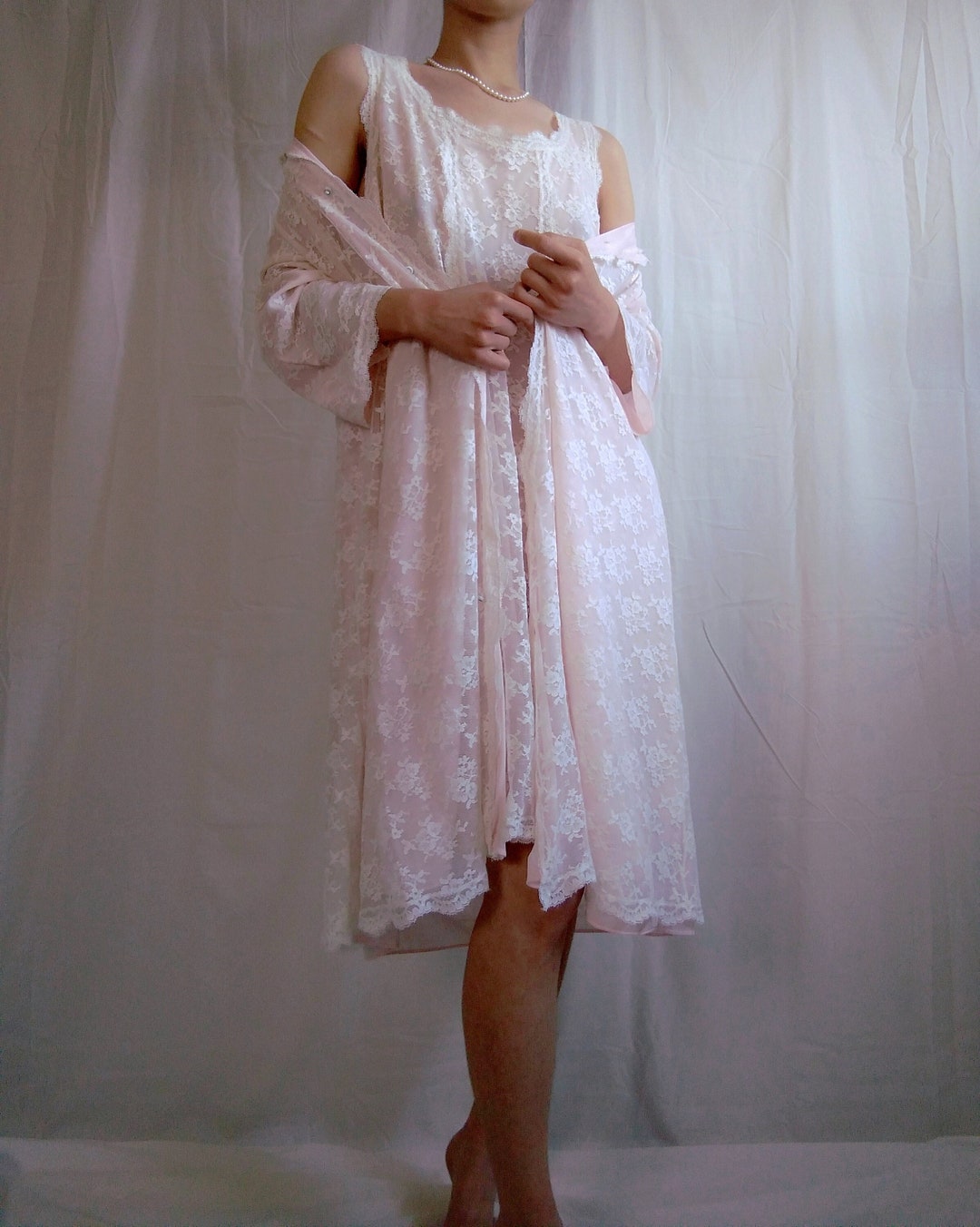 1960s Vintage Gossard Artemis Pastel Pink Lace Nightgown and Peignoir ...