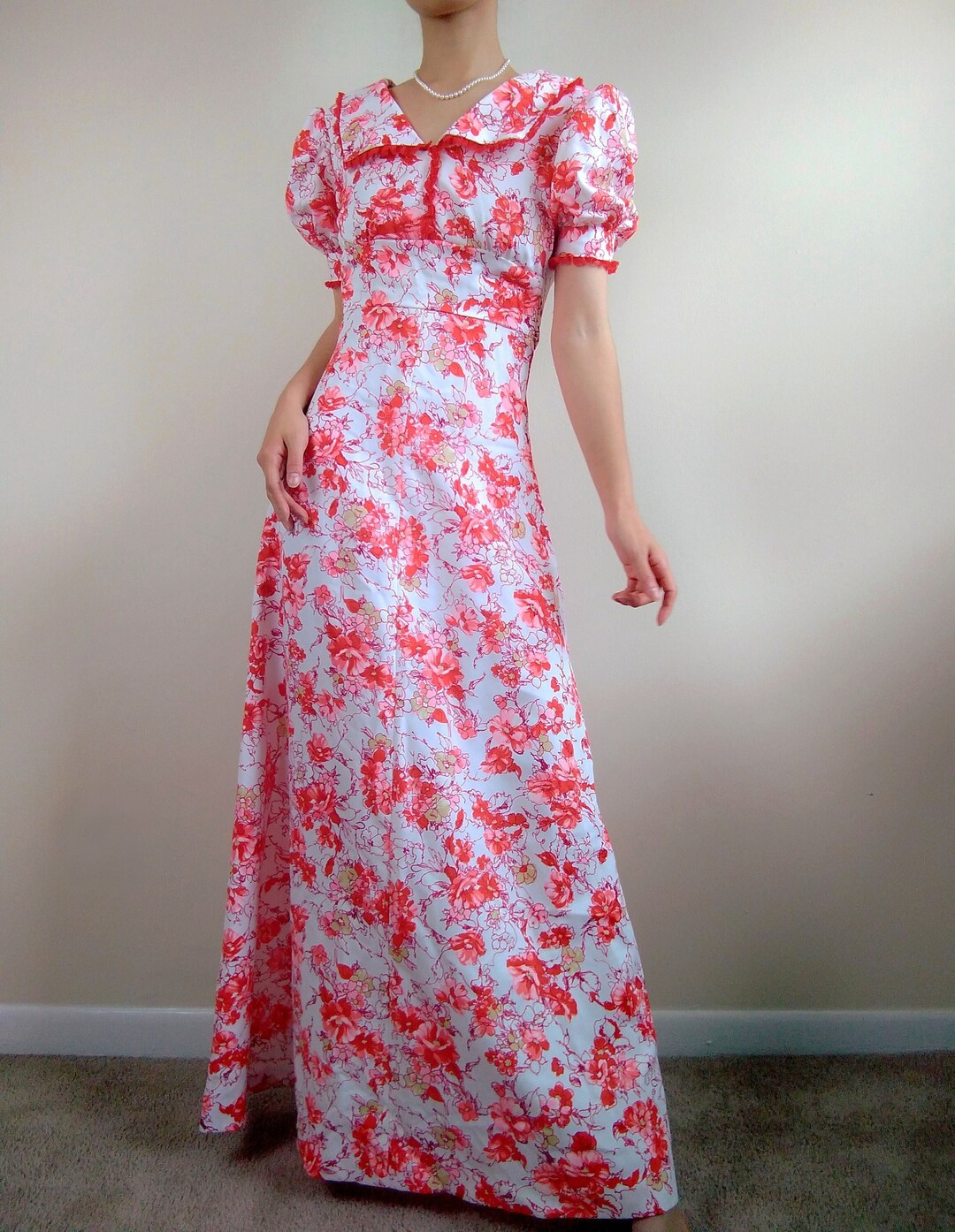 1970s Vintage Handmade Cardinal Red Floral Princess Prairie Dress ...