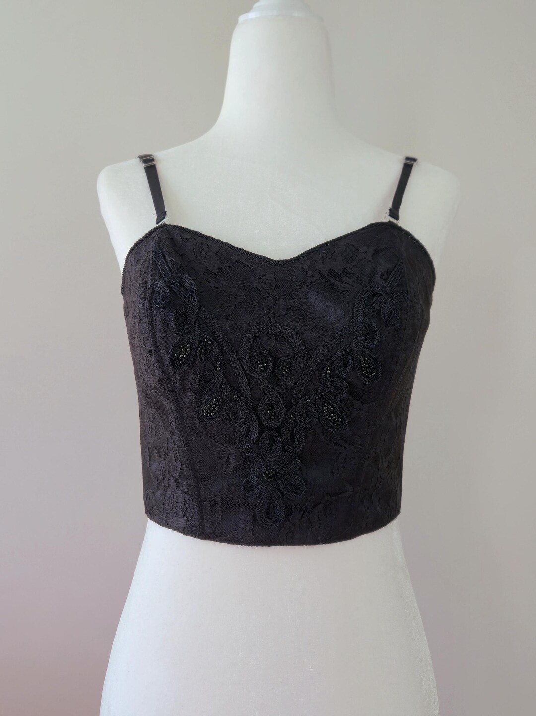 1970s Victoria’s Secret Gold Crown Bustier – Black Satin, Lace & Ornate ...