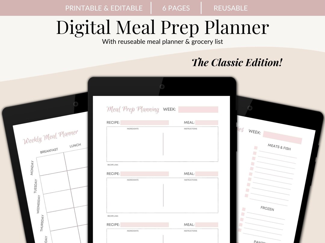 Meal Prep Planner | Printable & Digital | With Grocery List - Etsy