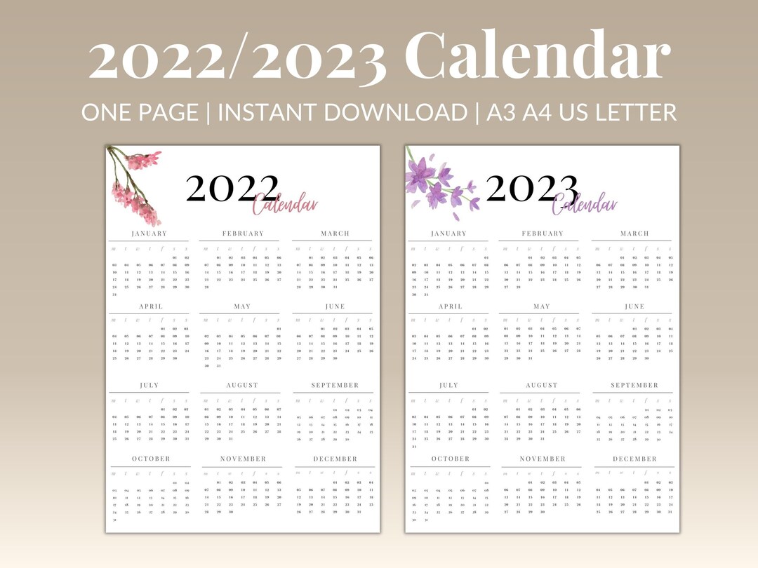 2022/2023 Printable One Page Calendar | A4 A3 and US Letter Size - Etsy