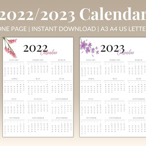 2022/2023 Printable One Page Calendar | A4 A3 and US Letter Size - Etsy