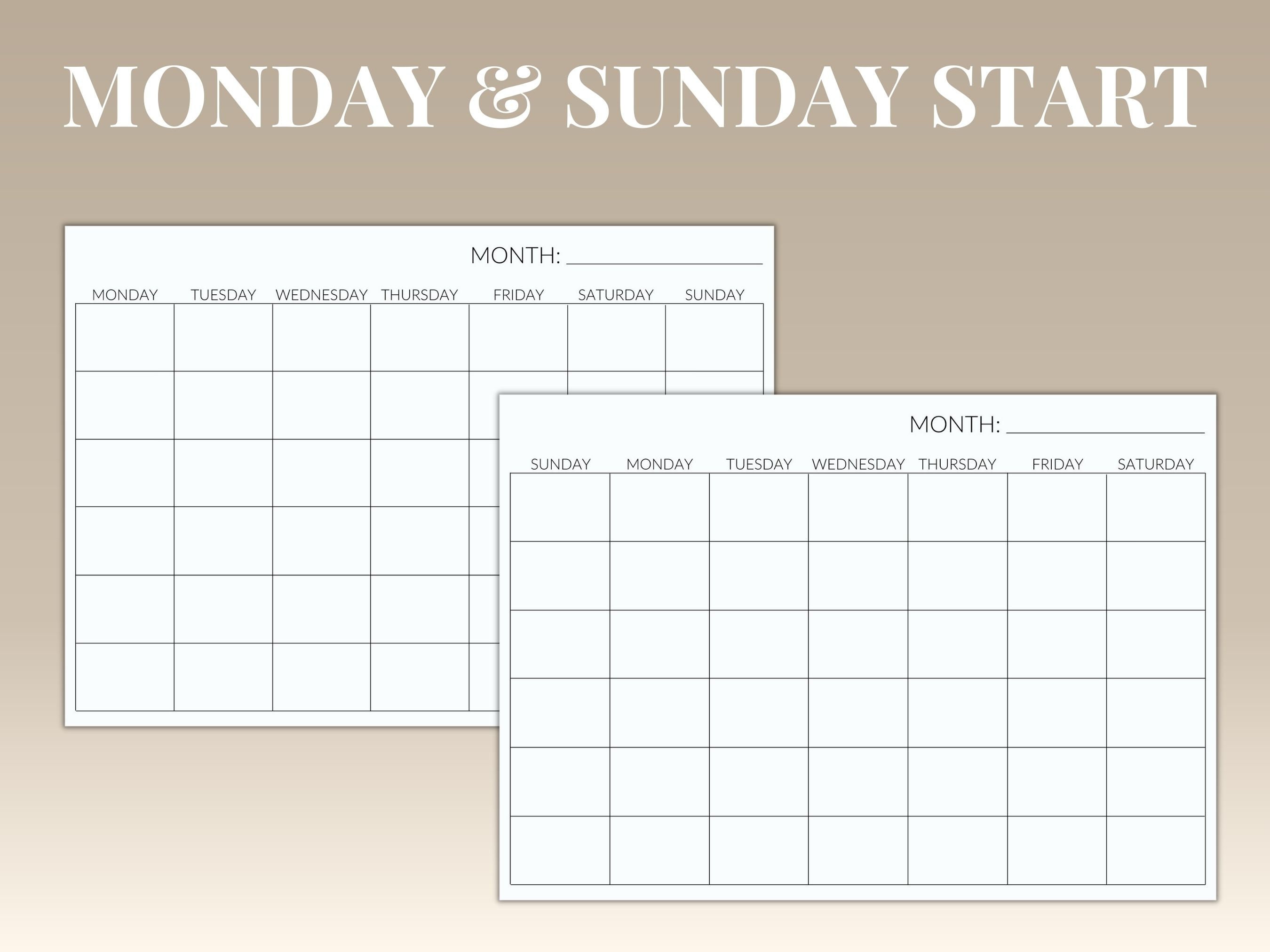 Printable Blank Monthly Calendar | Sunday & Monday Start - Etsy