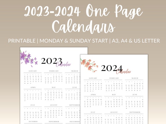 2023 & 2024 Printable One Page Calendar A4 A3 and US Letter - Etsy