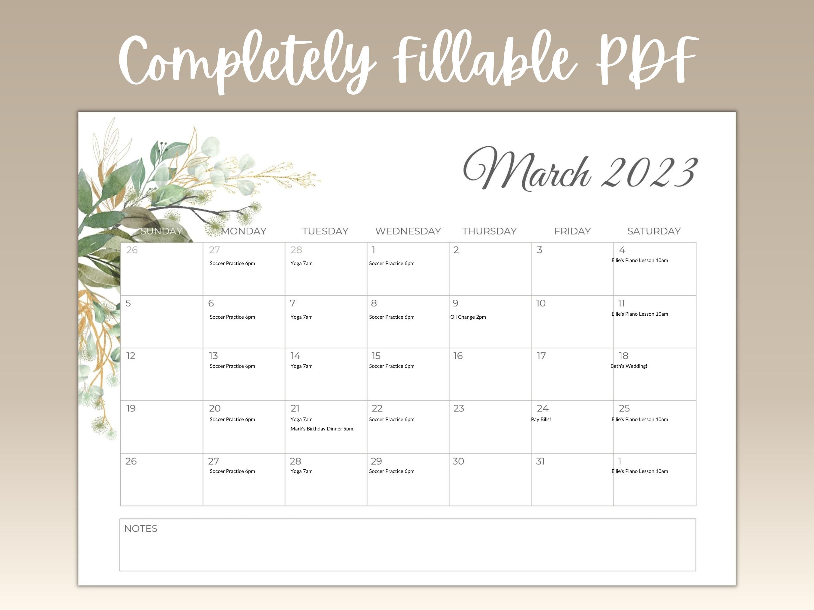 2023 Calendar Printable & Fillable PDF Portrait and - Etsy Canada