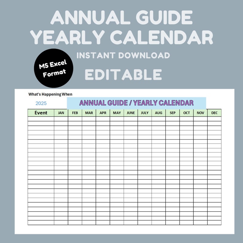 Annual Guide Yearly Calendar Editable Template Excel Spreadsheet Event Planning Tracker Master ...
