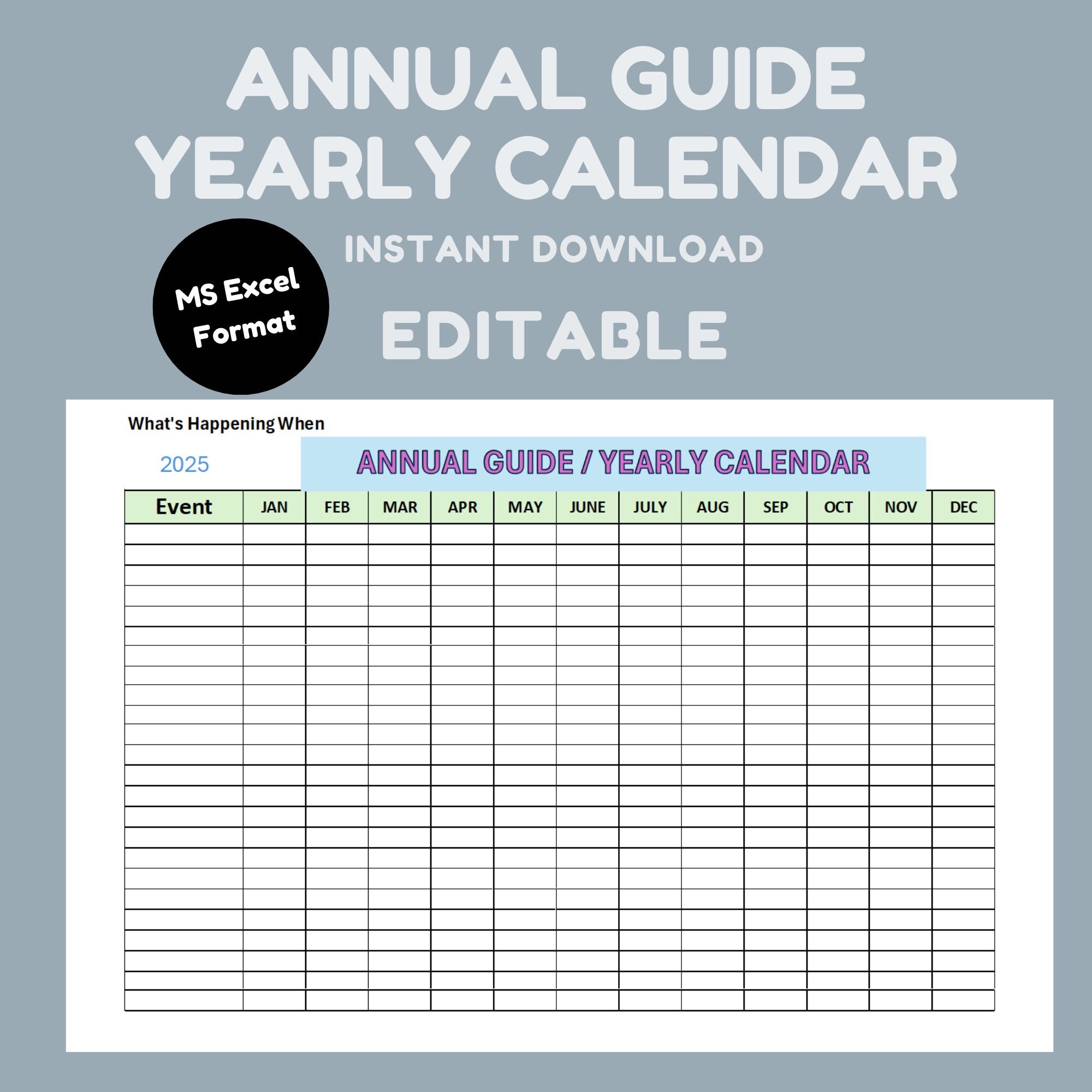 Annual Guide Yearly Calendar Editable Template Excel Spreadsheet Event ...