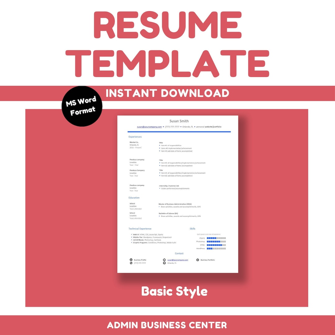 Resume Template - Basic Style | Resume Template Word | Minimalist ...