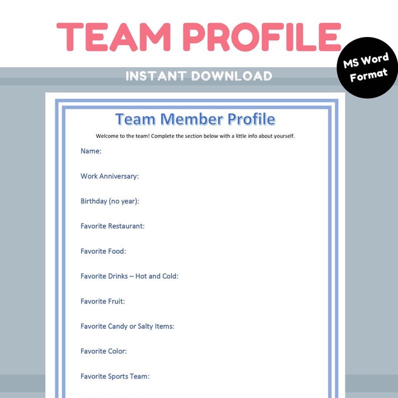 Team Profile Sheet | Team Profile Template | Editable Employee Template ...