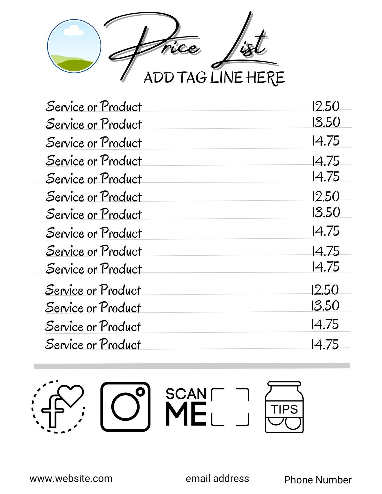 Editable Price List Template Plain Services Listing Page Product ...