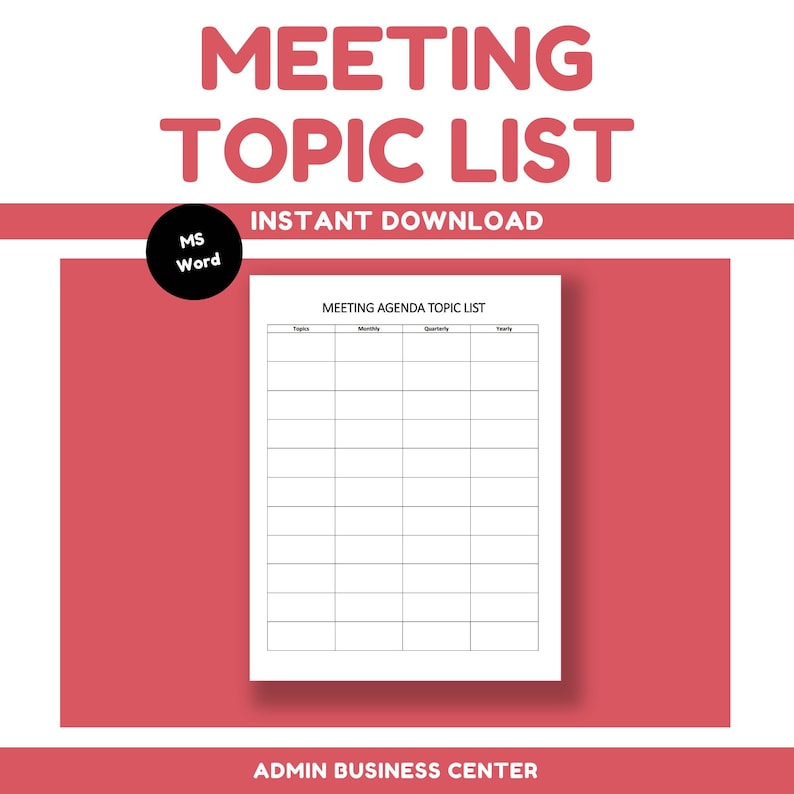 Meeting Topic List | Meeting Template | Editable Template | Business ...