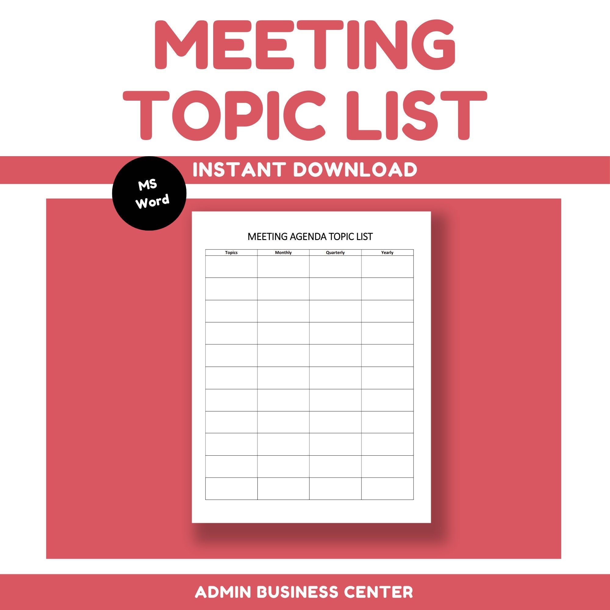 Meeting Topic List | Meeting Template | Editable Template | Business ...