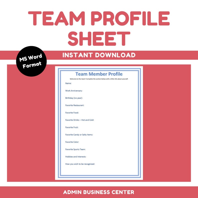 Team Profile Sheet | Team Profile Template | Editable Employee Template ...