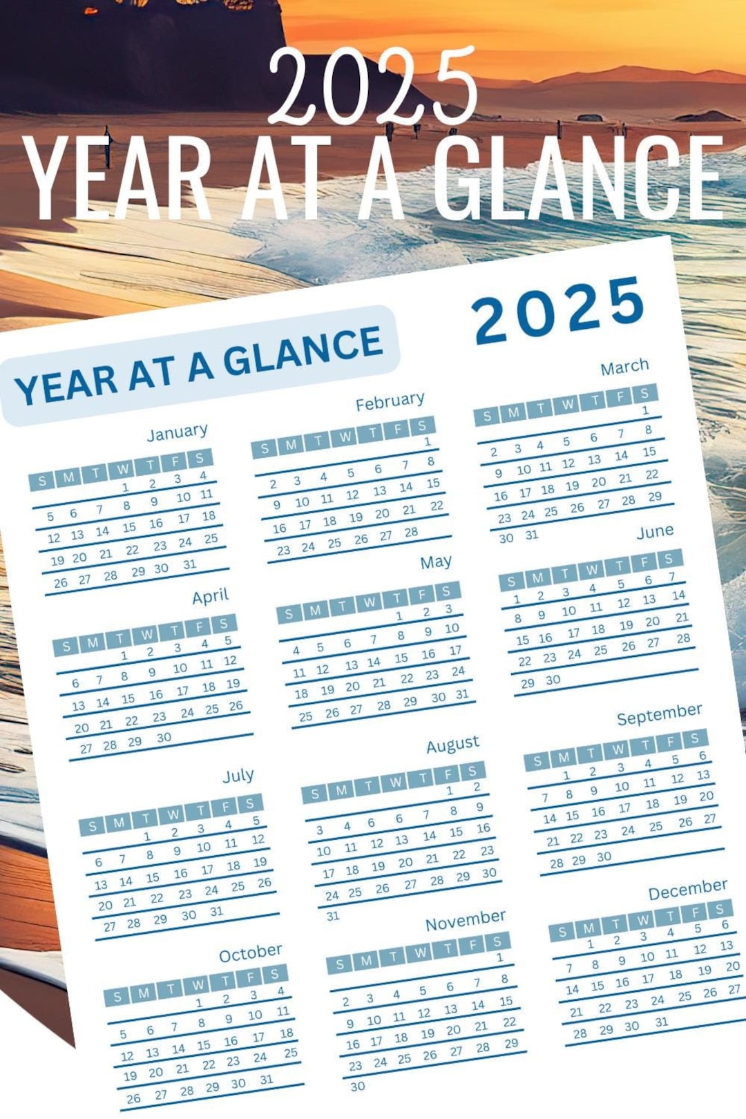 2025 Year at a Glance Calendar Single Page PDF Calendar Download Yearly ...