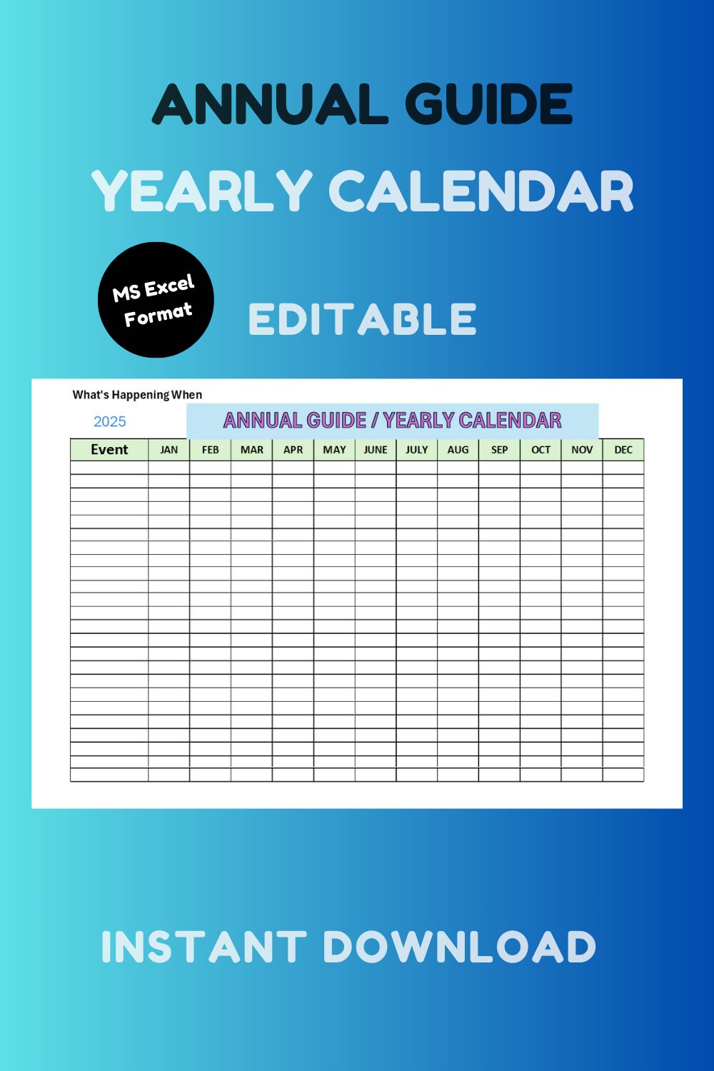 Annual Guide Yearly Calendar Editable Template Excel Spreadsheet Event ...