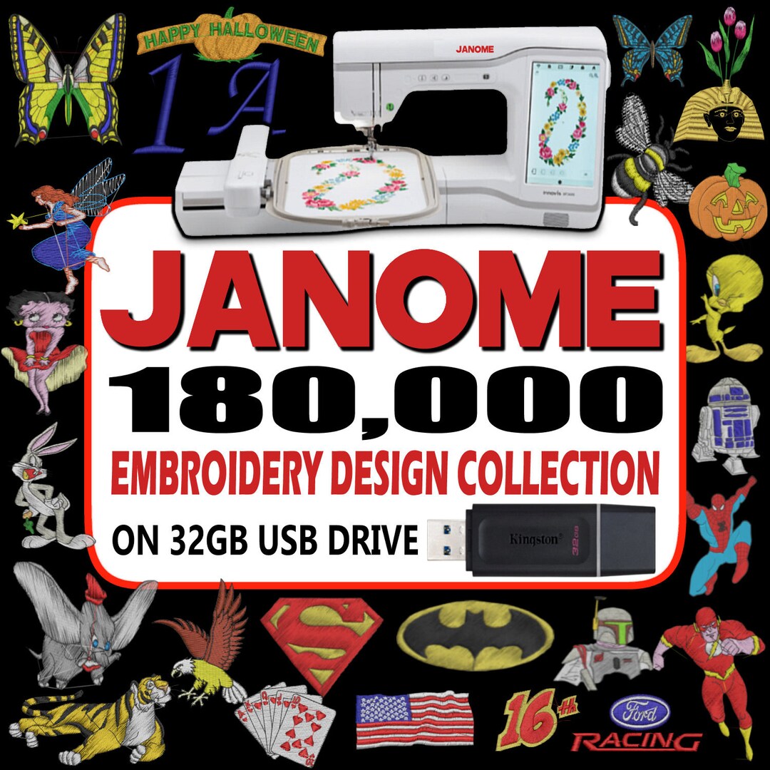 JANOME EMBROIDERY COLLECTION 180,000 Designs Jef Format on 32gb Usb ...