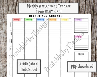 Weekly Assignment Tracker Blank Homework Planner Middle | Etsy