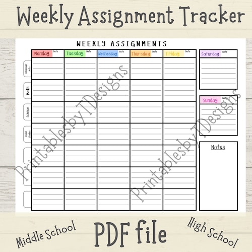 Weekly Assignment Tracker One Page Homework Planner Middle - Etsy