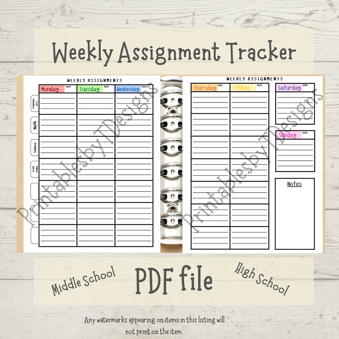 Weekly Assignment Tracker Two Pages Homework Planner Middle - Etsy