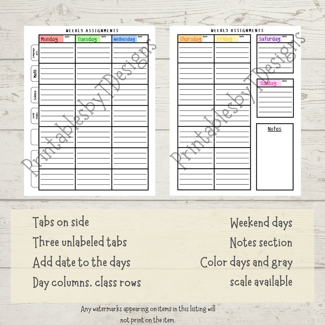 Weekly Assignment Tracker Two Pages Homework Planner Middle - Etsy