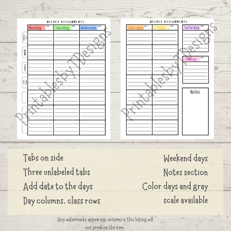 Weekly Assignment Tracker Two Pages Homework Planner Middle - Etsy