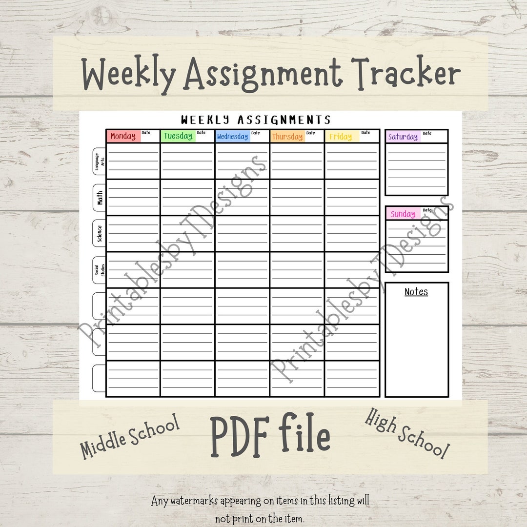 Weekly Assignment Tracker, One Page, Homework Planner, Middle School ...