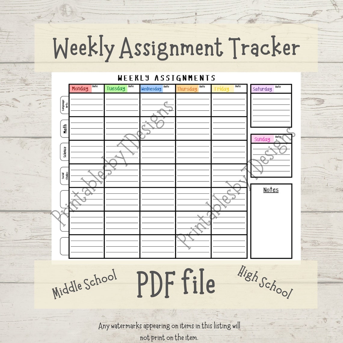 Weekly Assignment Tracker One Page Homework Planner Middle - Etsy