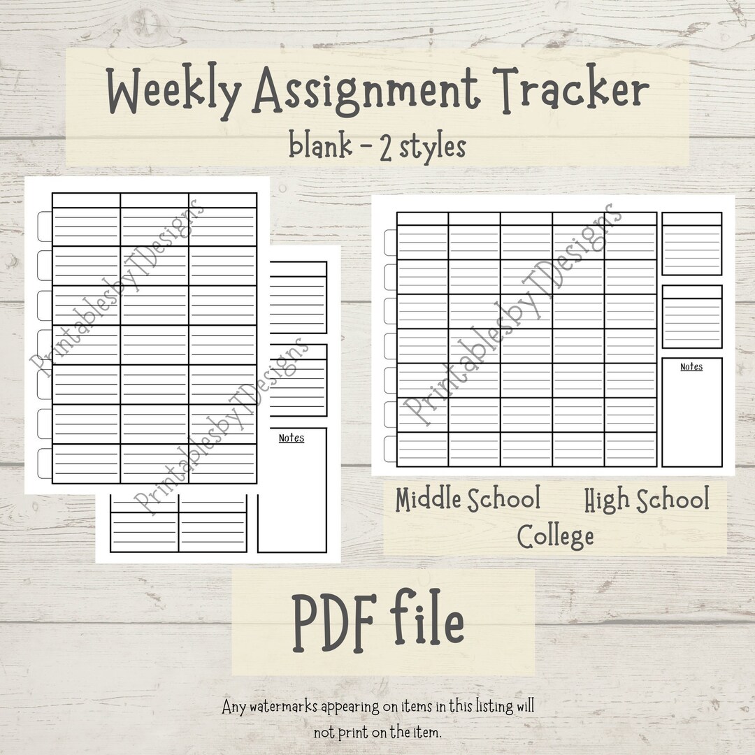 Weekly Assignment Tracker, Blank, Homework Planner, Middle School High ...