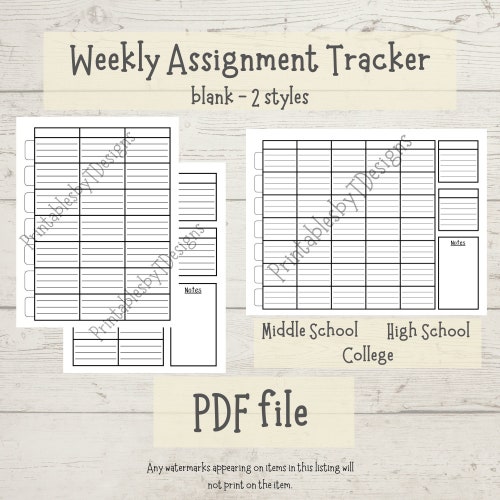 Weekly Assignment Tracker Blank Homework Planner Middle - Etsy