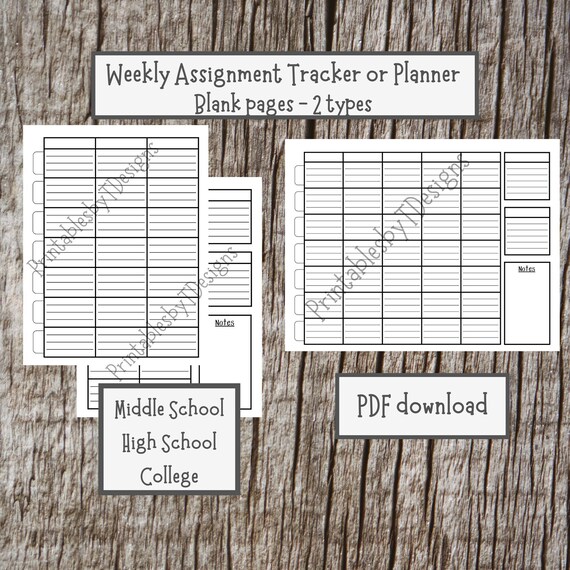 Weekly Assignment Tracker Blank Homework Planner Middle | Etsy