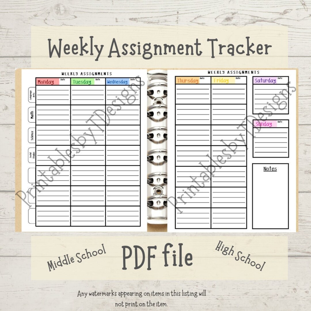 Weekly Assignment Tracker, Two Pages, Homework Planner, Middle School ...