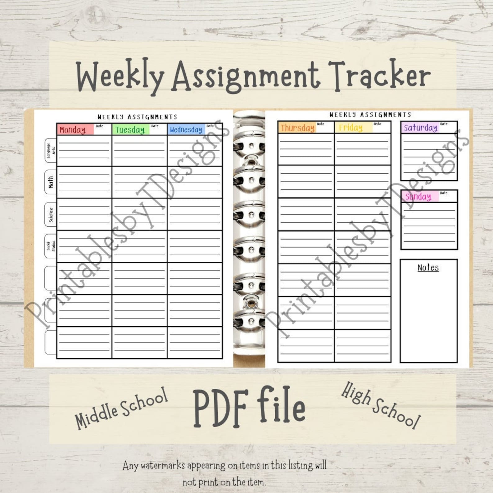 Weekly Assignment Tracker, Two Pages, Homework Planner, Middle School ...