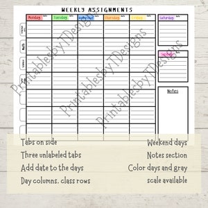 Weekly Assignment Tracker, One Page, Homework Planner, Middle School ...