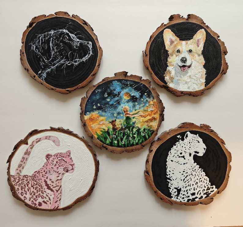 Hand-painted Wooden Wall Art | 16x16 Cm | Corgi, Line Dog, Leopard ...