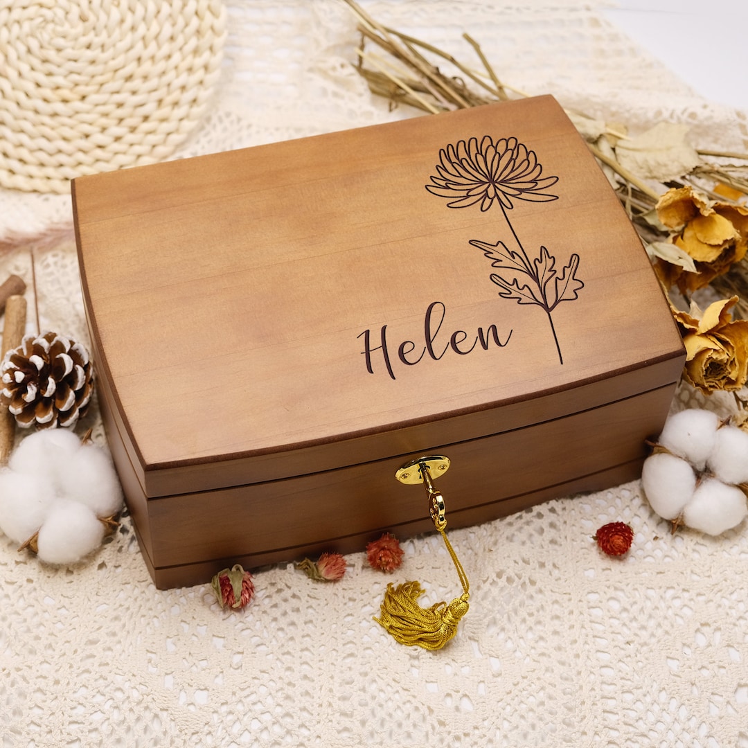 Personalized Wooden Jewelry Box, Customized Birth Flower Jewelry Box ...